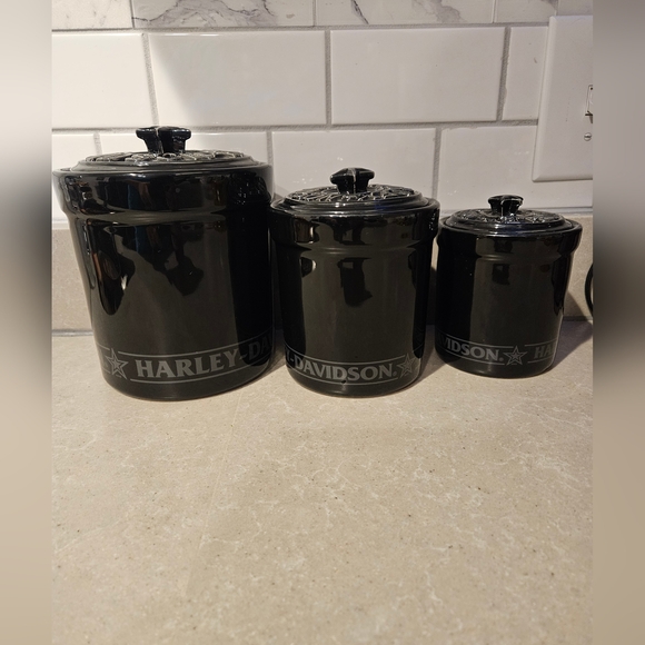 Harley-Davidson | Kitchen | Harley Davidson Black Ceramic Canister Set Of 3 Fat Boy Star Lid ...
